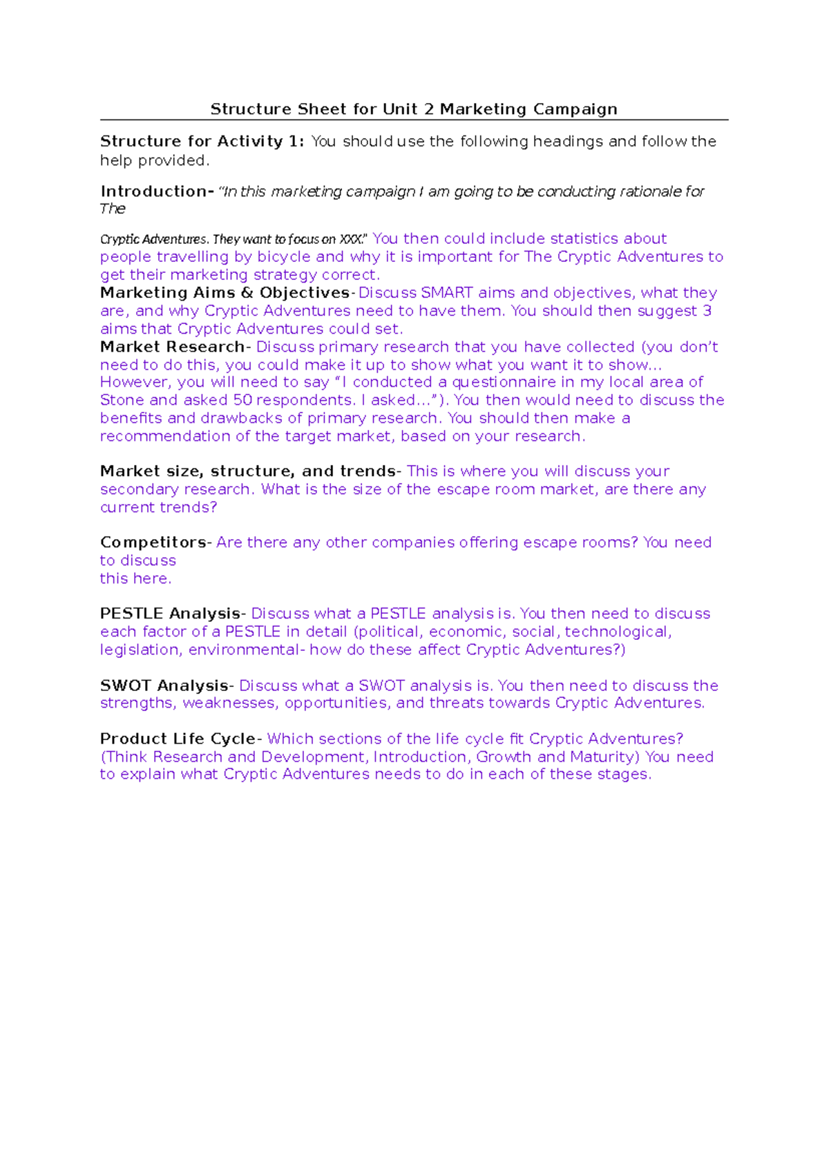 Structure Sheet for Unit 2 Marketing Campaign - Structure Sheet for ...