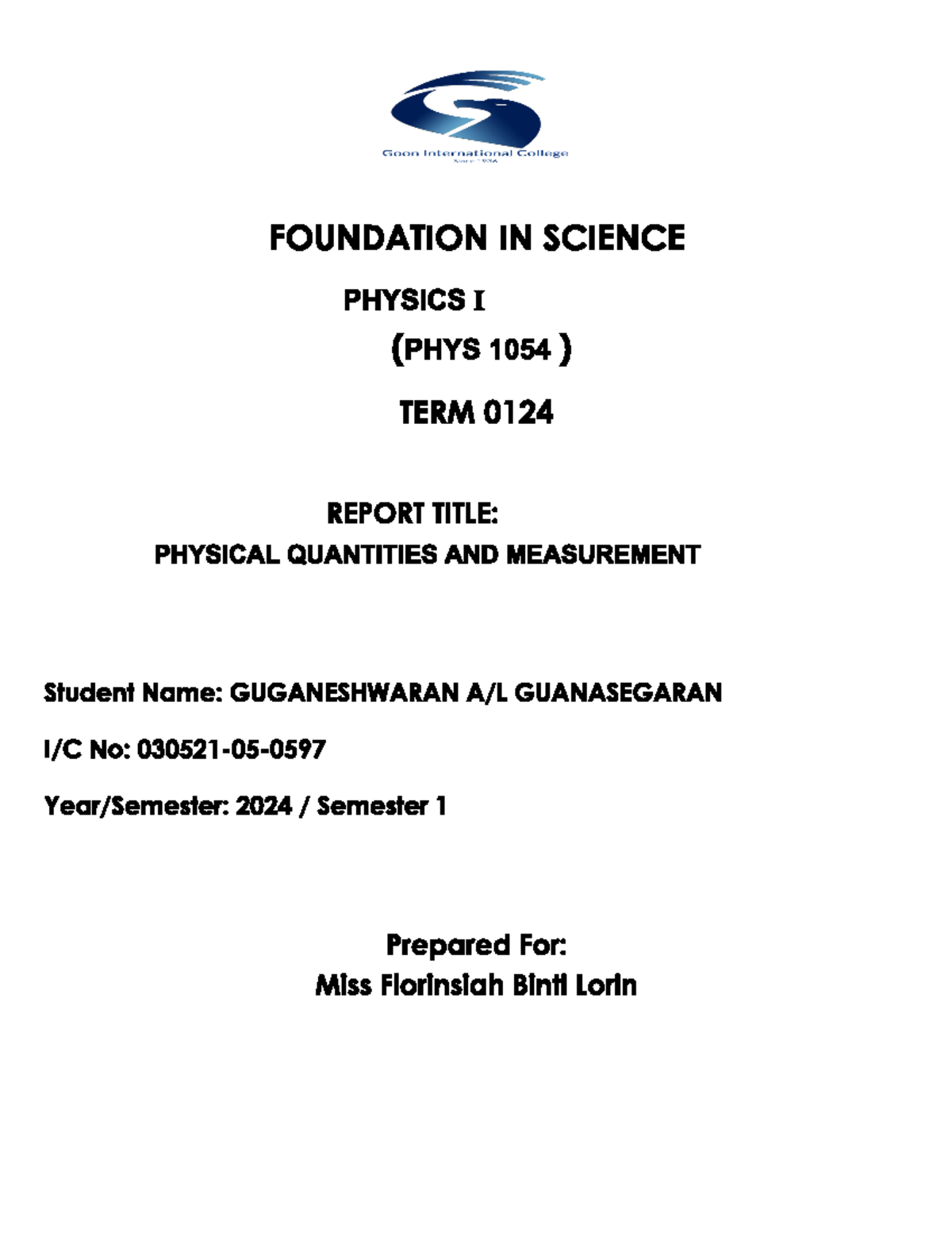 Sem 1 physics experiment 1 - Goon International College Since 1936 ...