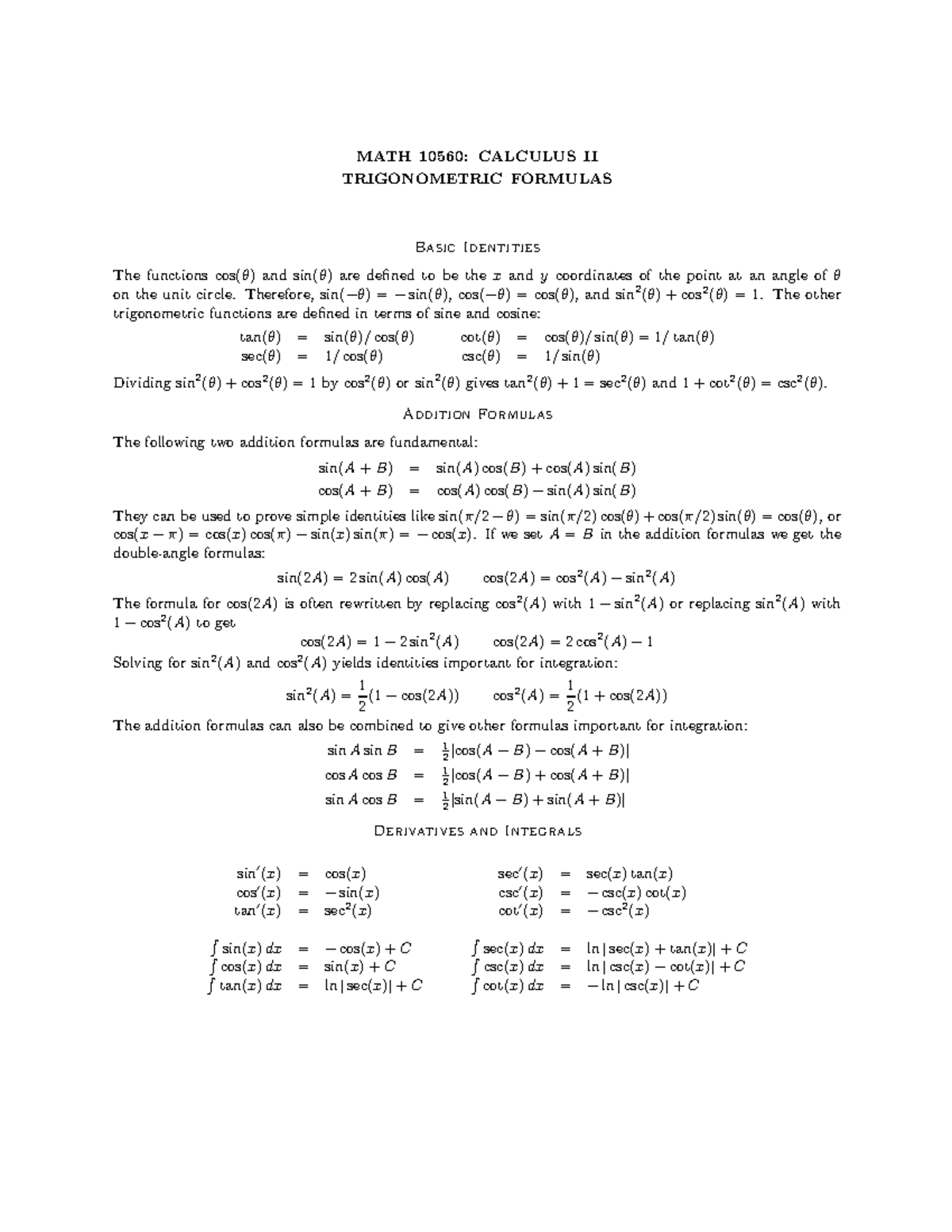 Trig Formulas - MATH 10560: CALCULUS II TRIGONOMETRIC FORMULAS Basic ...