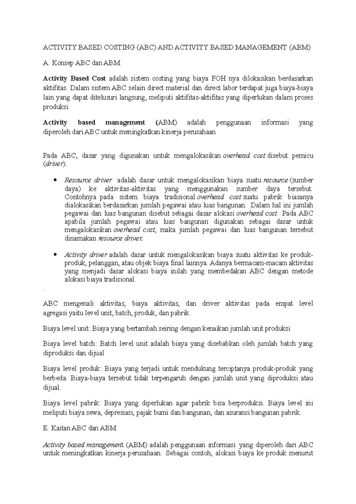 Resume WEEK 6 - ACTIVITY BASED COSTING (ABC) AND ACTIVITY BASED ...