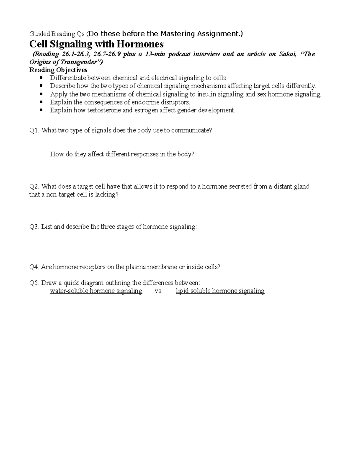 Lesson 5 GRQs Cell Signaling with Hormones - BIOL 101 - UNC Chapel Hill - Studocu