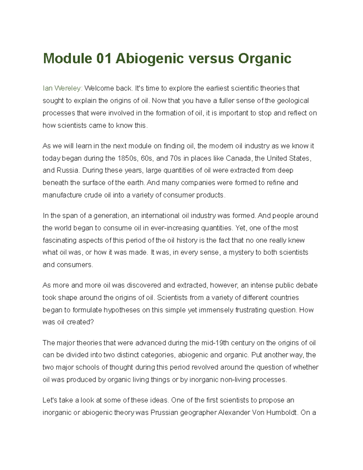 Transcript - Modules 1-4 - Module 01 Abiogenic versus Organic Ian ...