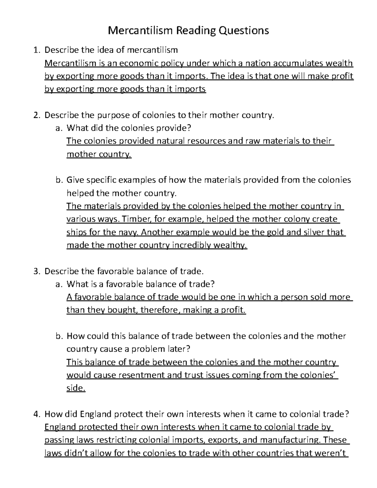 Mercantilism Questions - Mercantilism Reading Questions Describe the ...