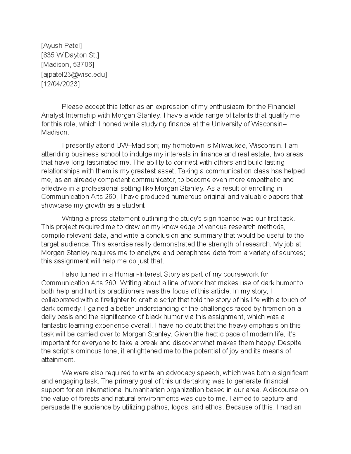 Commartsfinaldraft - This is the cover letter for the last assignment ...