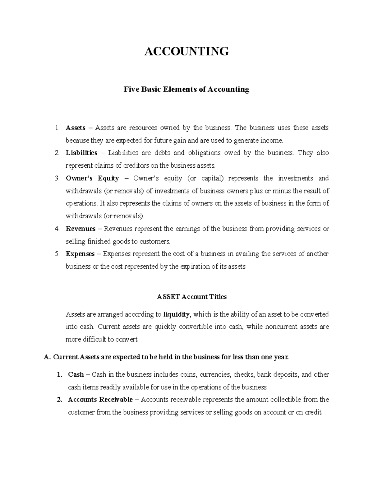 Accounting - Elements OF Accounting - ACCOUNTING Five Basic Elements of ...