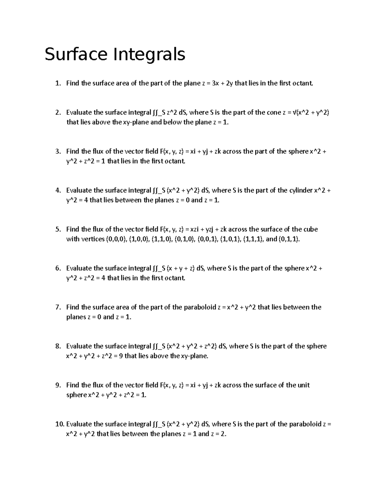 Surface Integrals - calculus 3 self-made worksheet - Surface Integrals ...