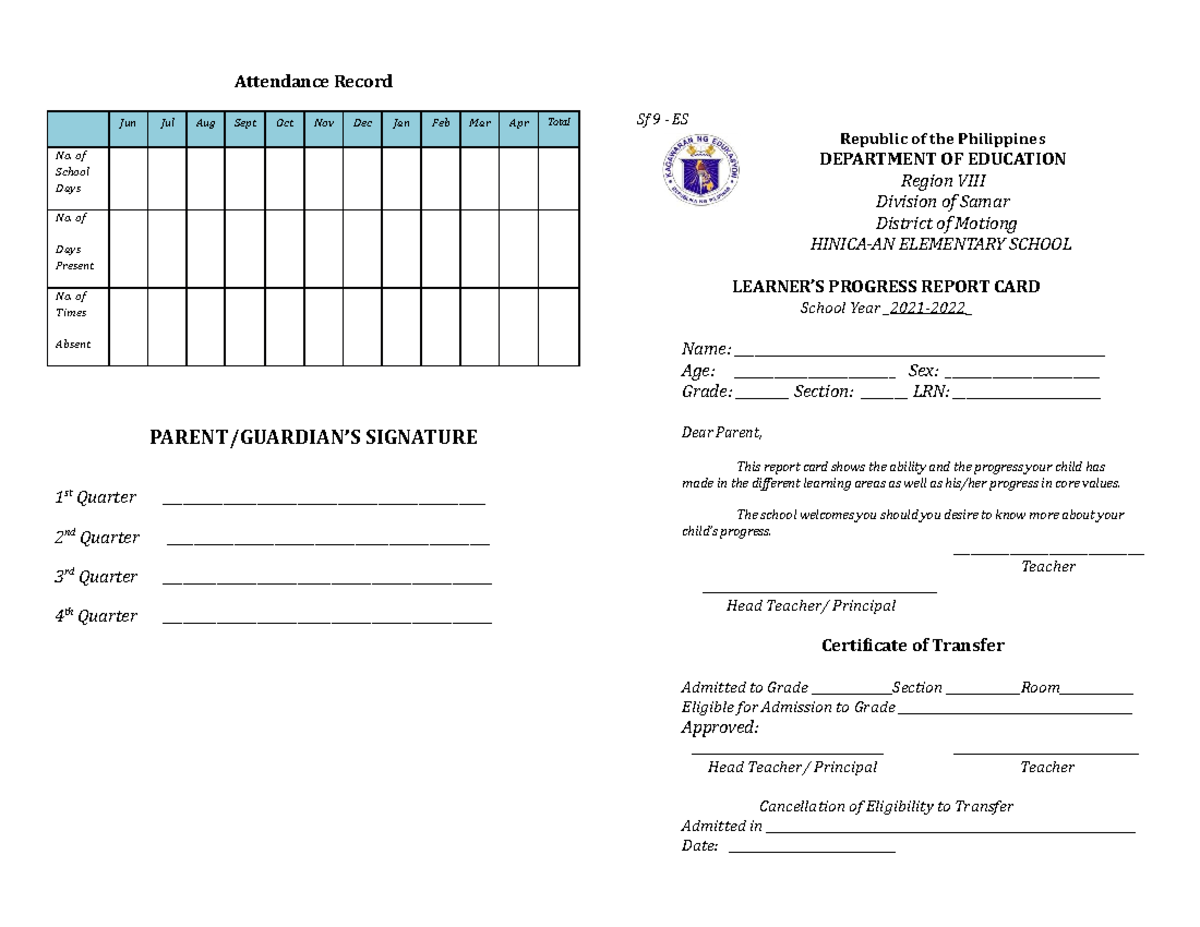 SF 9 - Elementary (Learner's Progress Report Card) - Attendance Record ...