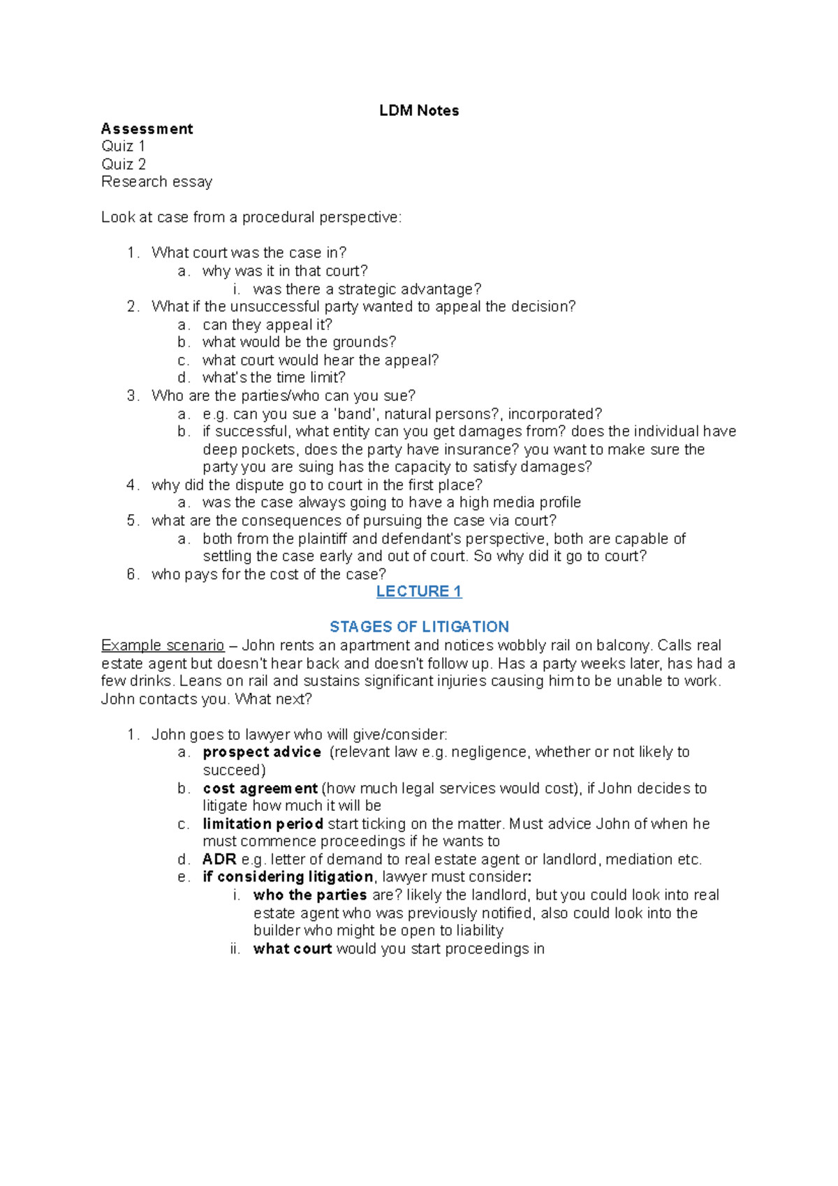 Litigation and dispute management Lecture notes - LAWS2244 - ANU - Studocu