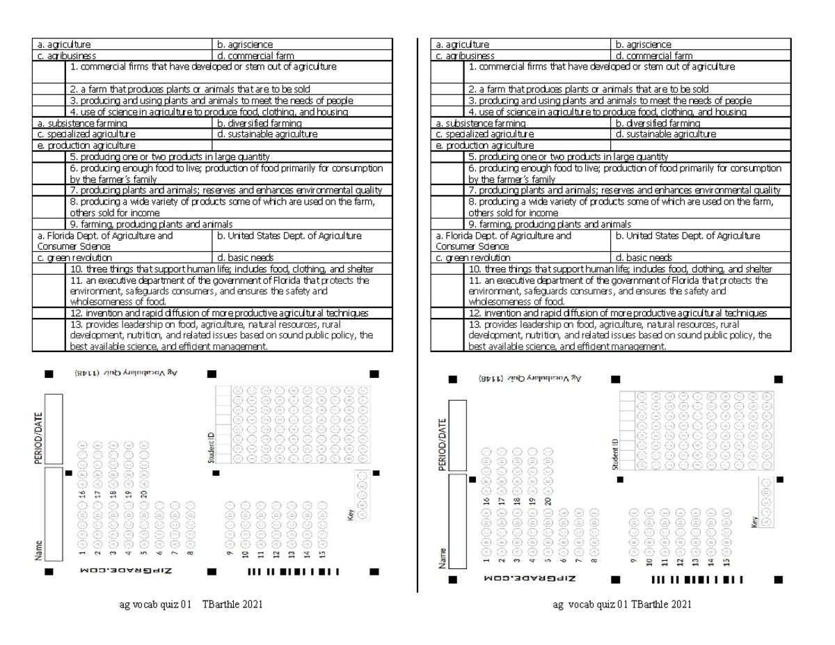 Quiz 01 Intro-Exp Ag - Vocabulary quiz for agriculture/agriscience ...