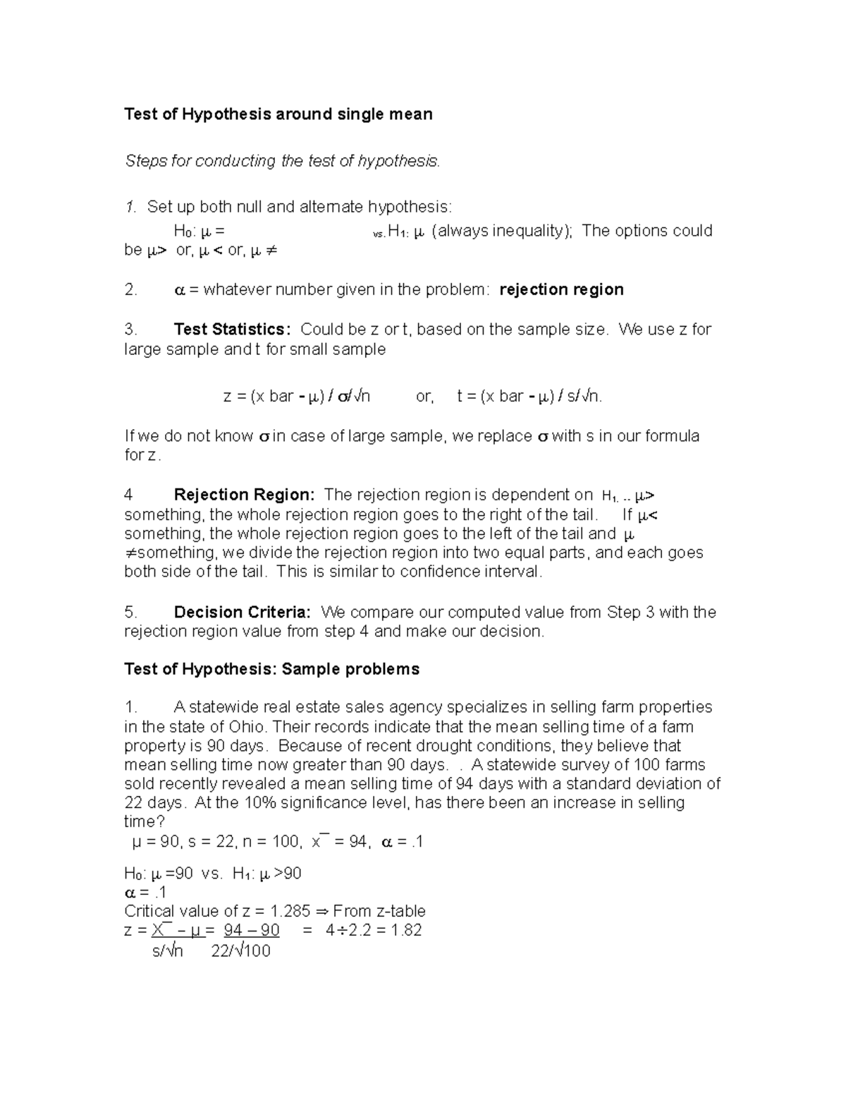 Test of Hypothesis around single mean - 1. Set up both null and ...