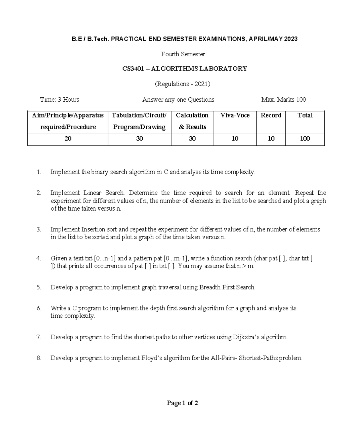 Cs3401 Set1 Question Set Page 1 Of 2 B B Practical End Semester Examinations April May