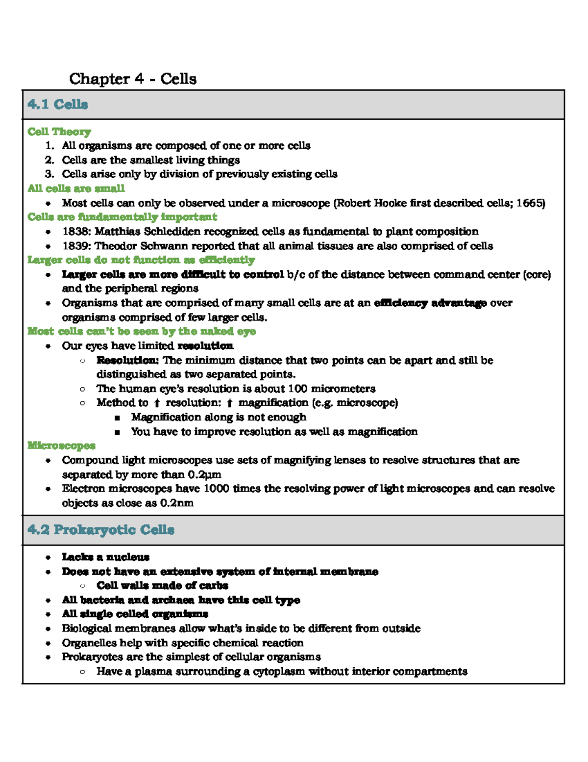 BIOL 100 Chapter 4 Notes - Cells - Chapter 4 - Cells 4 Cells Cell ...