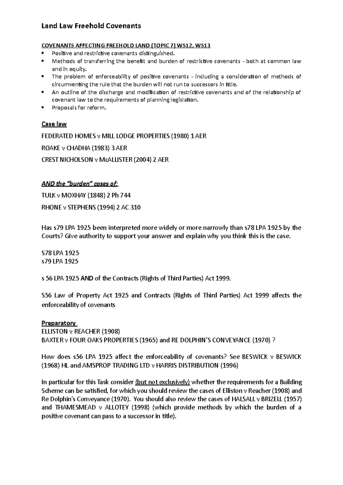 Land Law - Covenants Notes 1 - COVENANTS AFFECTING FREEHOLD LAND (TOPIC ...