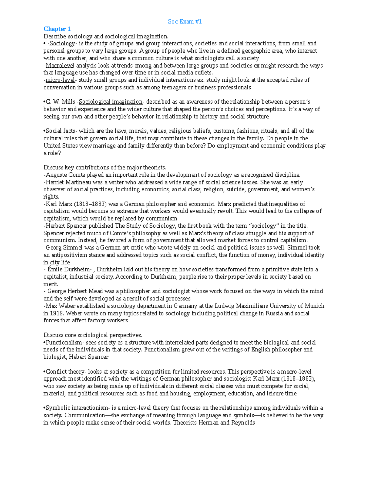 Soc Exam 1 - Midterm exam review - Soc Exam # Chapter 1 Describe ...