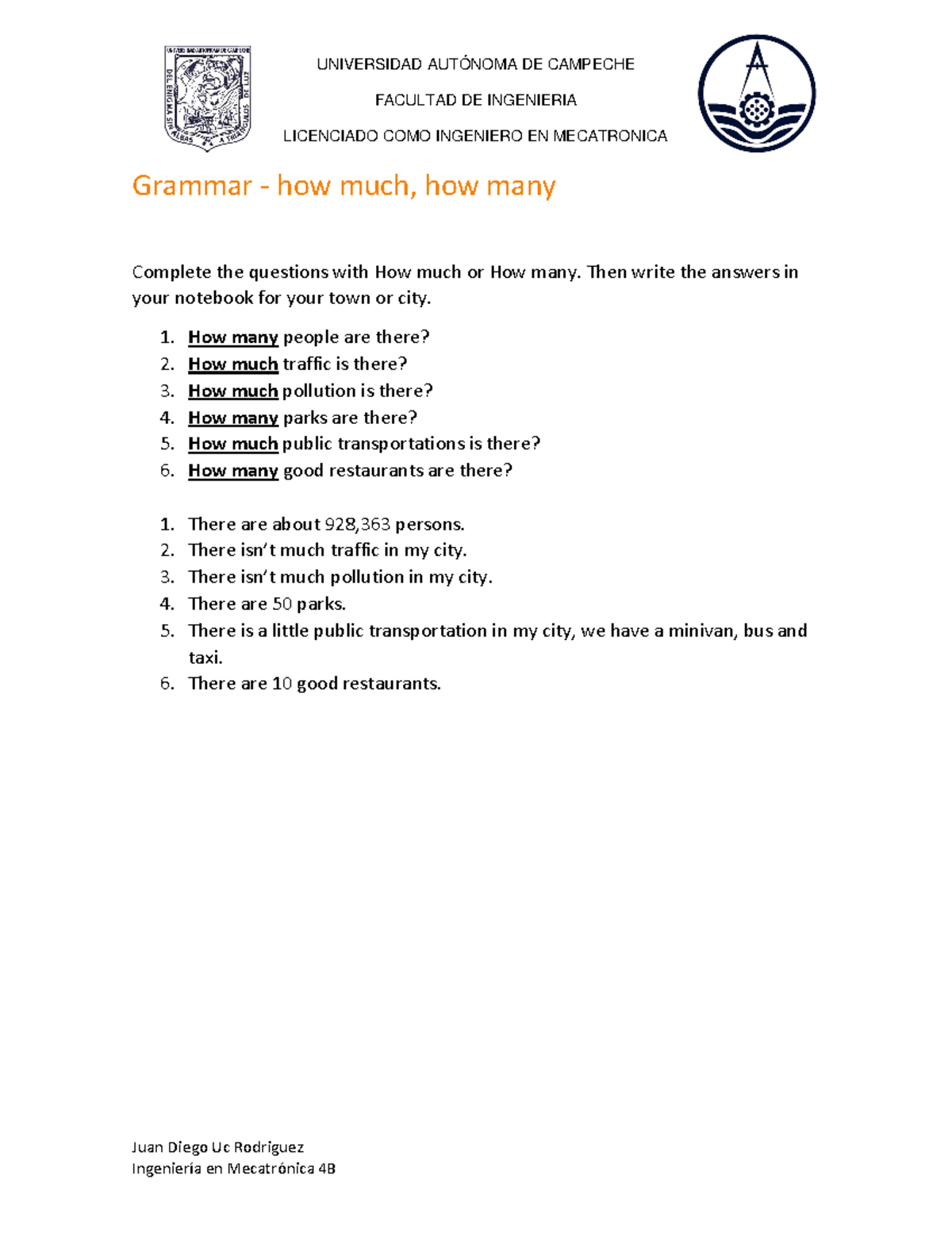 Grammar -how much, how many - Juan Diego Uc Rodriguez - UNIVERSIDAD ...