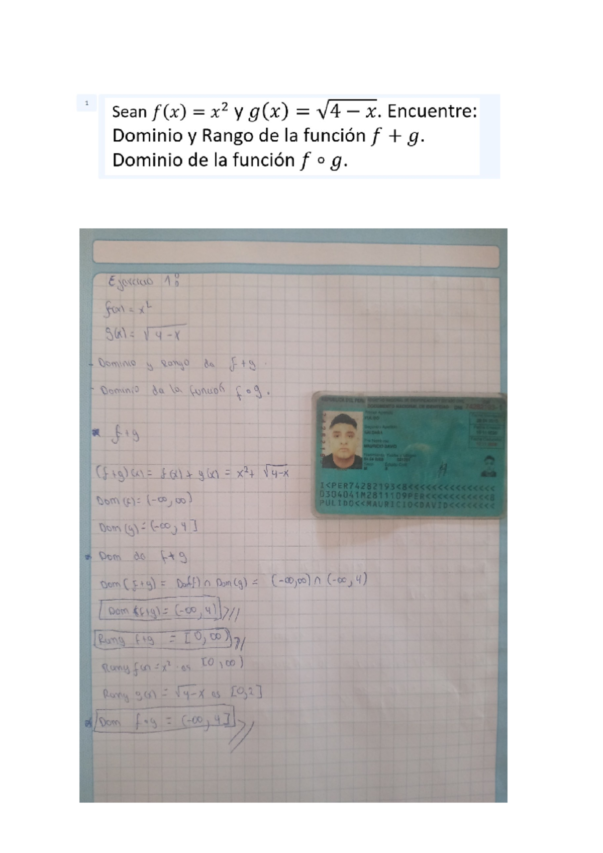 Ejercicio 1 - dasdasda - Dominio y Rango de la función f +g. Dominio de ...