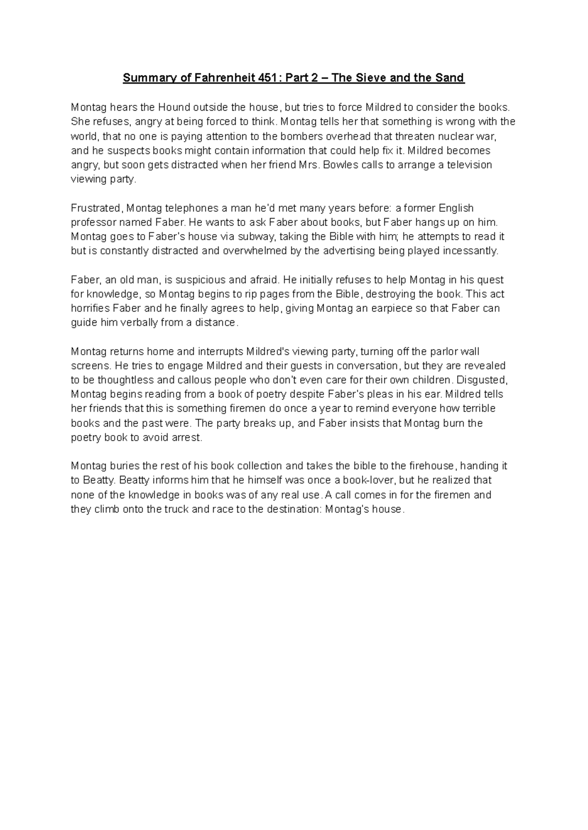 Summary of Fahrenheit 451 Part 2 – The Sieve and the Sand - Summary of ...
