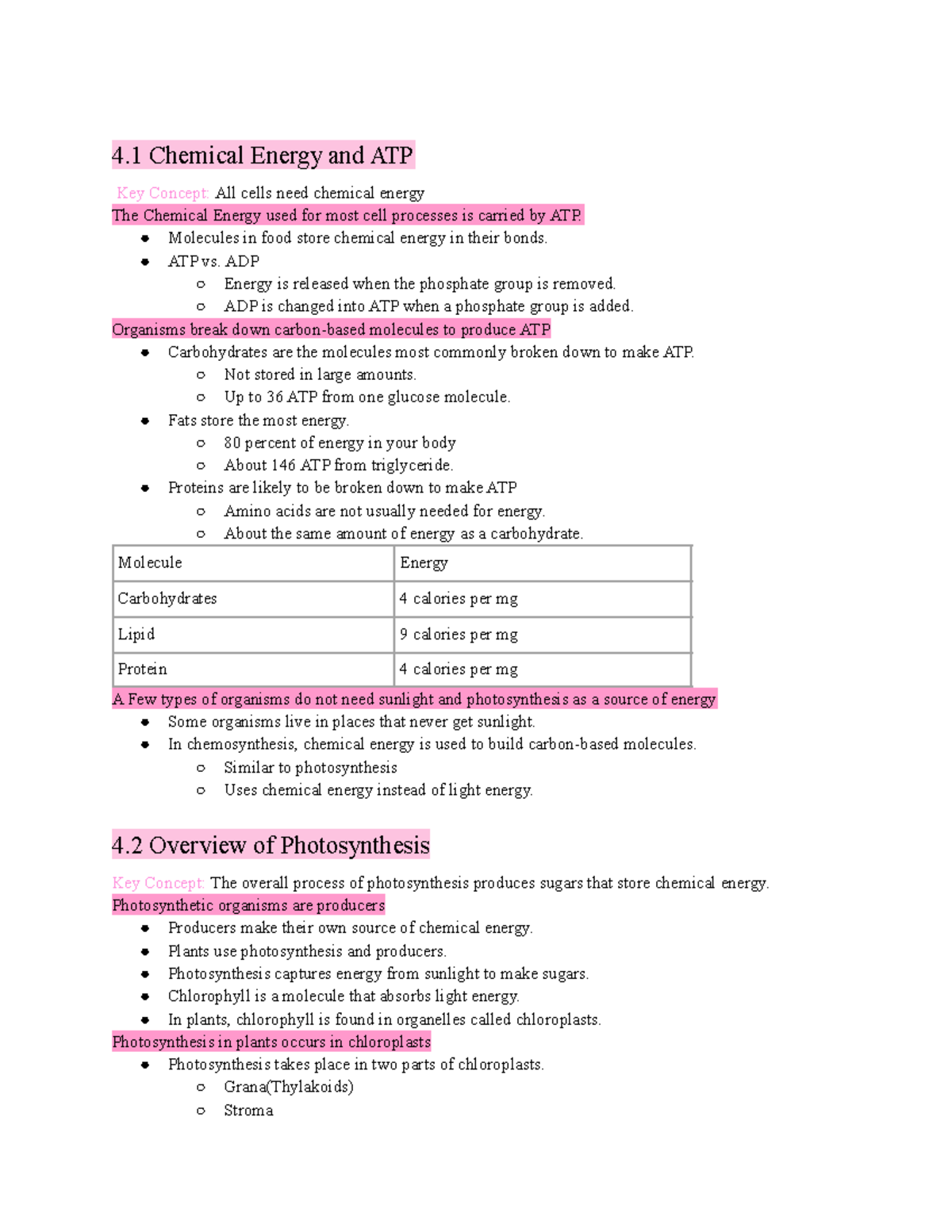 Chapter 4 Biology Notes - 4 Chemical Energy and ATP Key Concept:All ...