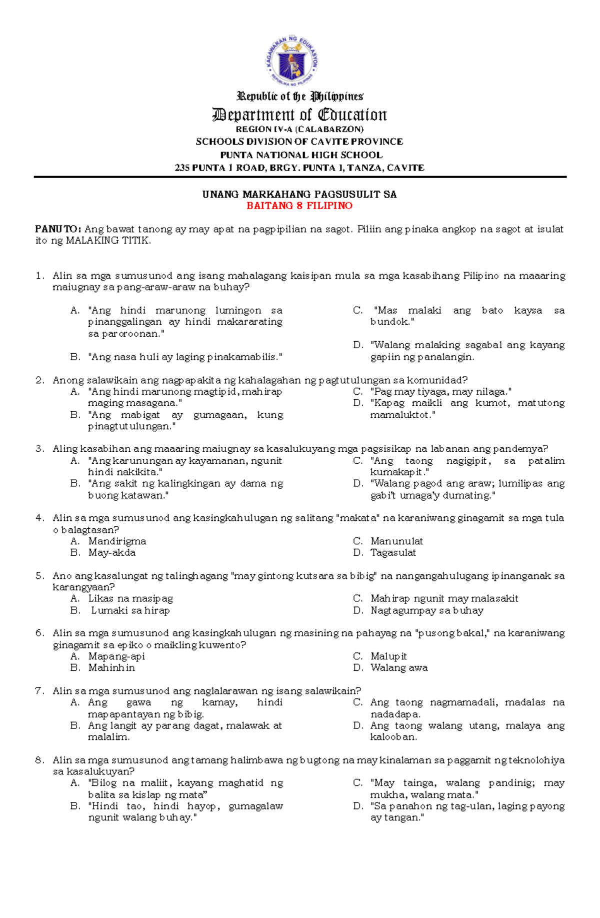 EXAM FIL 8 - grade 8 periodical exam SOLO type test. - Department of ...