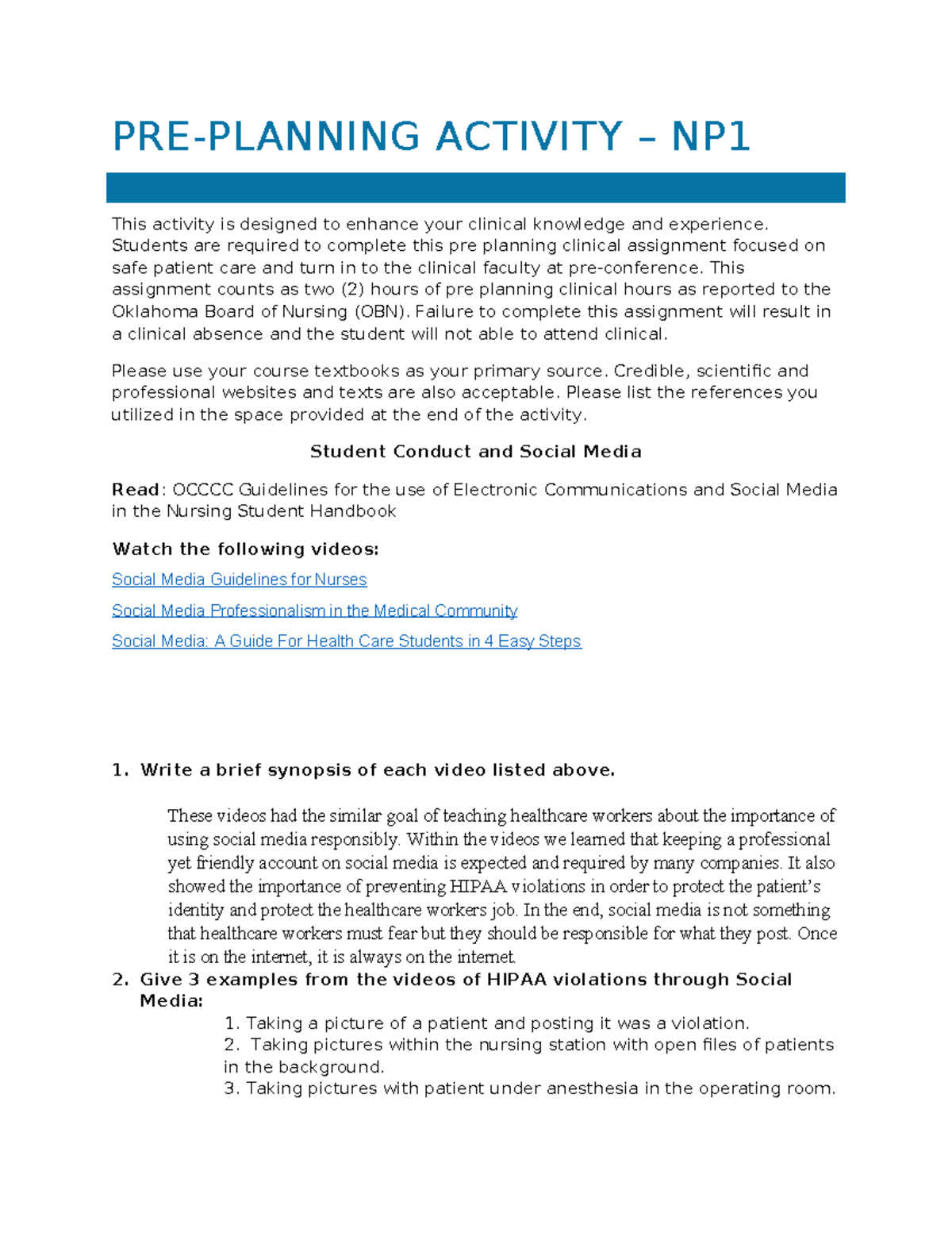 Pre Plan NP1 Social Media #4 - PRE-PLANNING ACTIVITY – NP This activity is designed to enhance ...