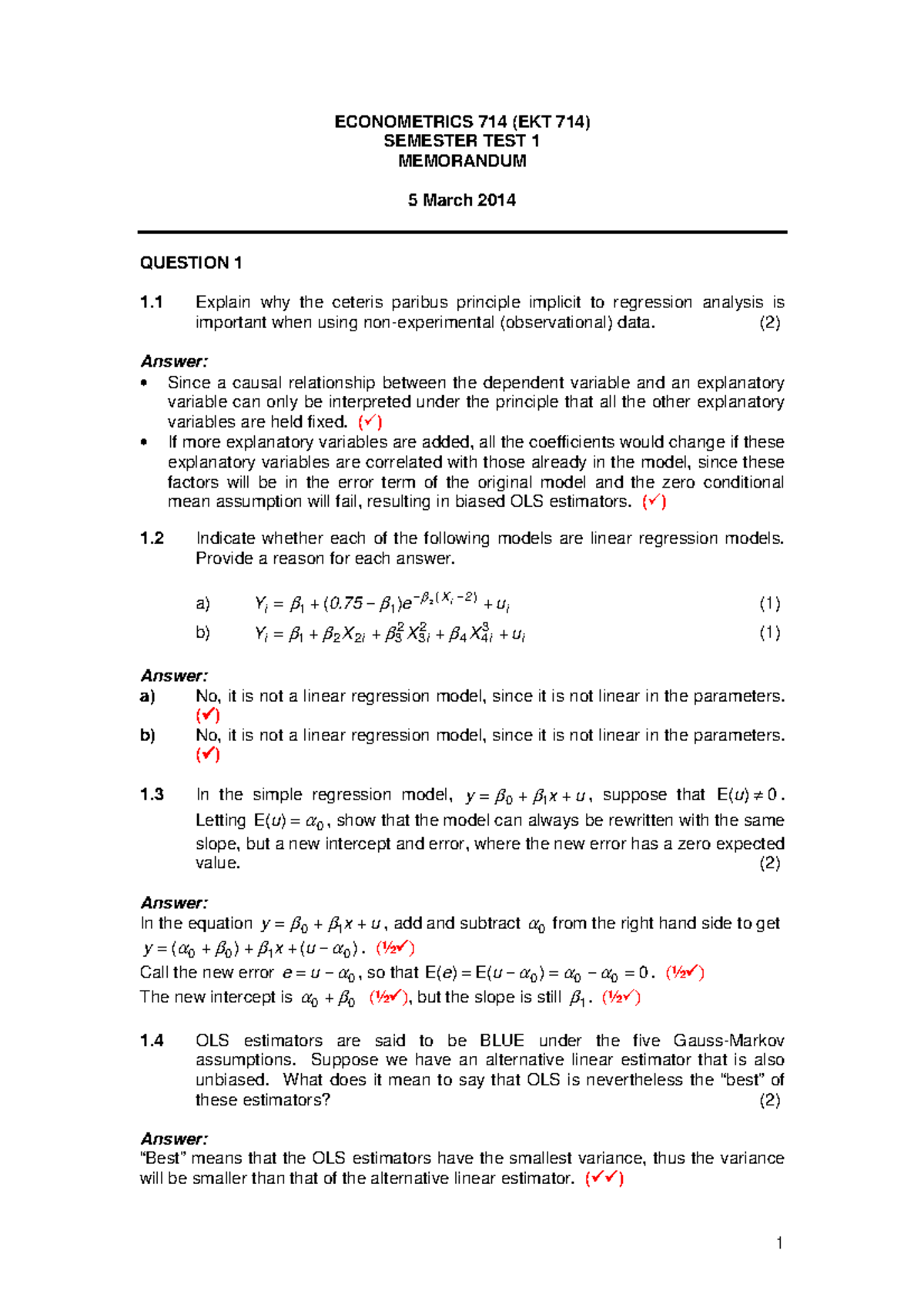 EKT 714 - Semester Test 1 - Memo - ECONOMETRICS 714 (EKT 714) SEMESTER ...