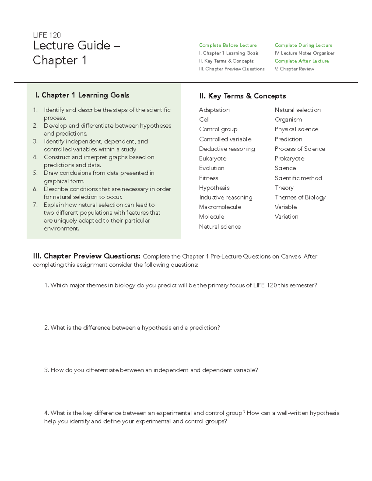 LIFE 120 Lecture Guide Chapter 1 - 2022 - Identify and describe the ...