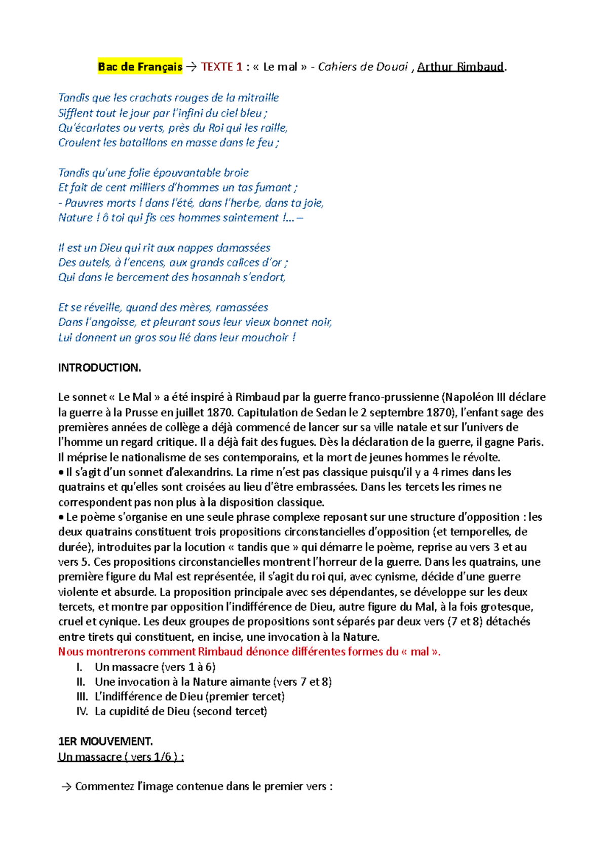 Texte 1 BAC FR - Le mal, Arthur Rimbaud Analyse Litteraire - Bac de ...