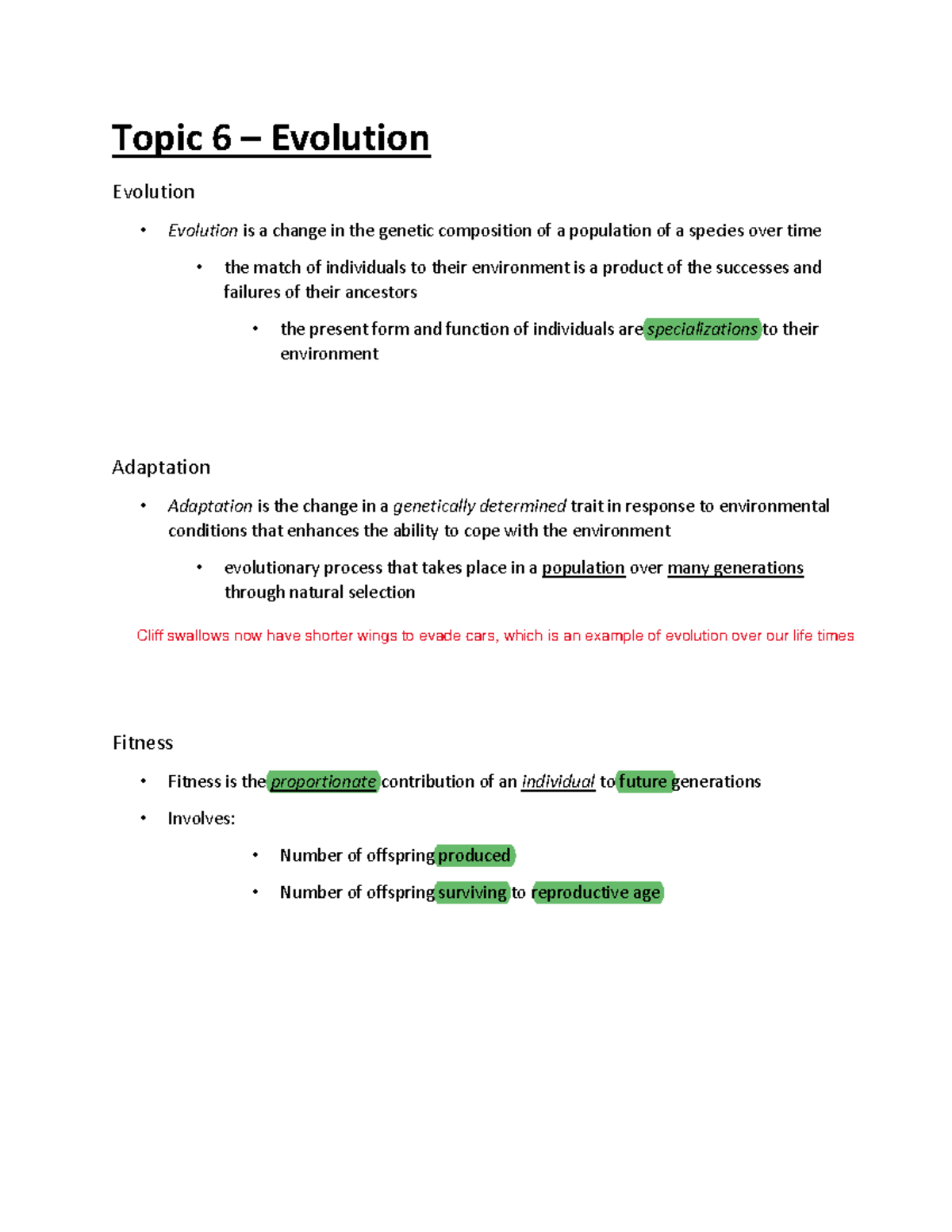 Topic 6 - Evolution - notes - Topic 6 – Evolution Evolution Evolution ...