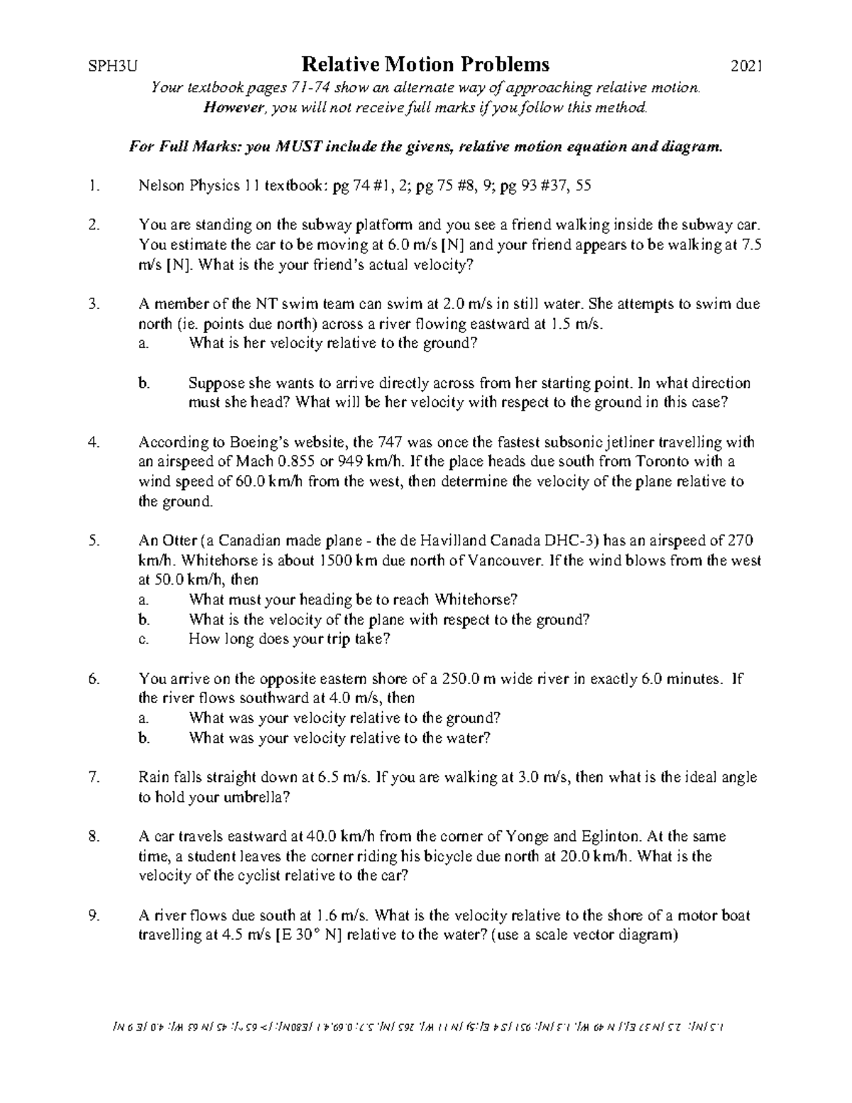 Relative Motion Problems - 2021 - Copy - SPH3U Relative Motion Problems ...