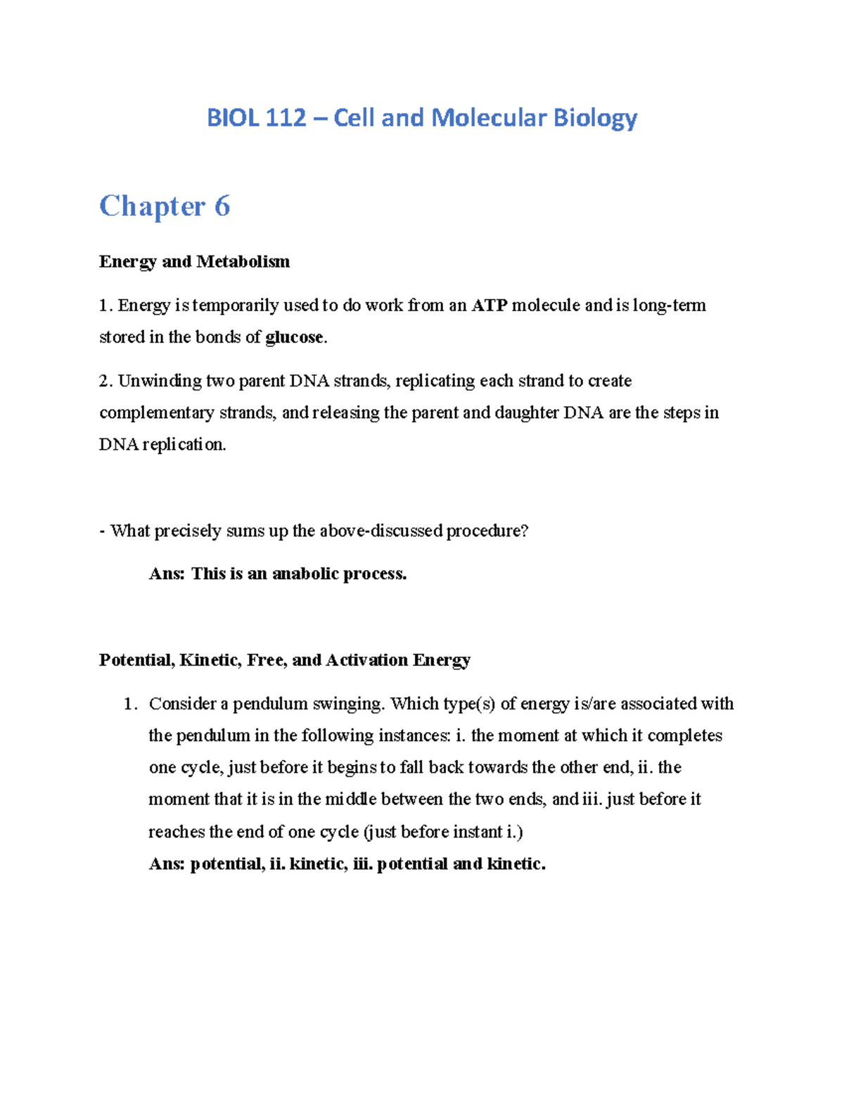 Biology I - Cell And Molecular Biology Chapter 6 - BIOL 112 – Cell and ...