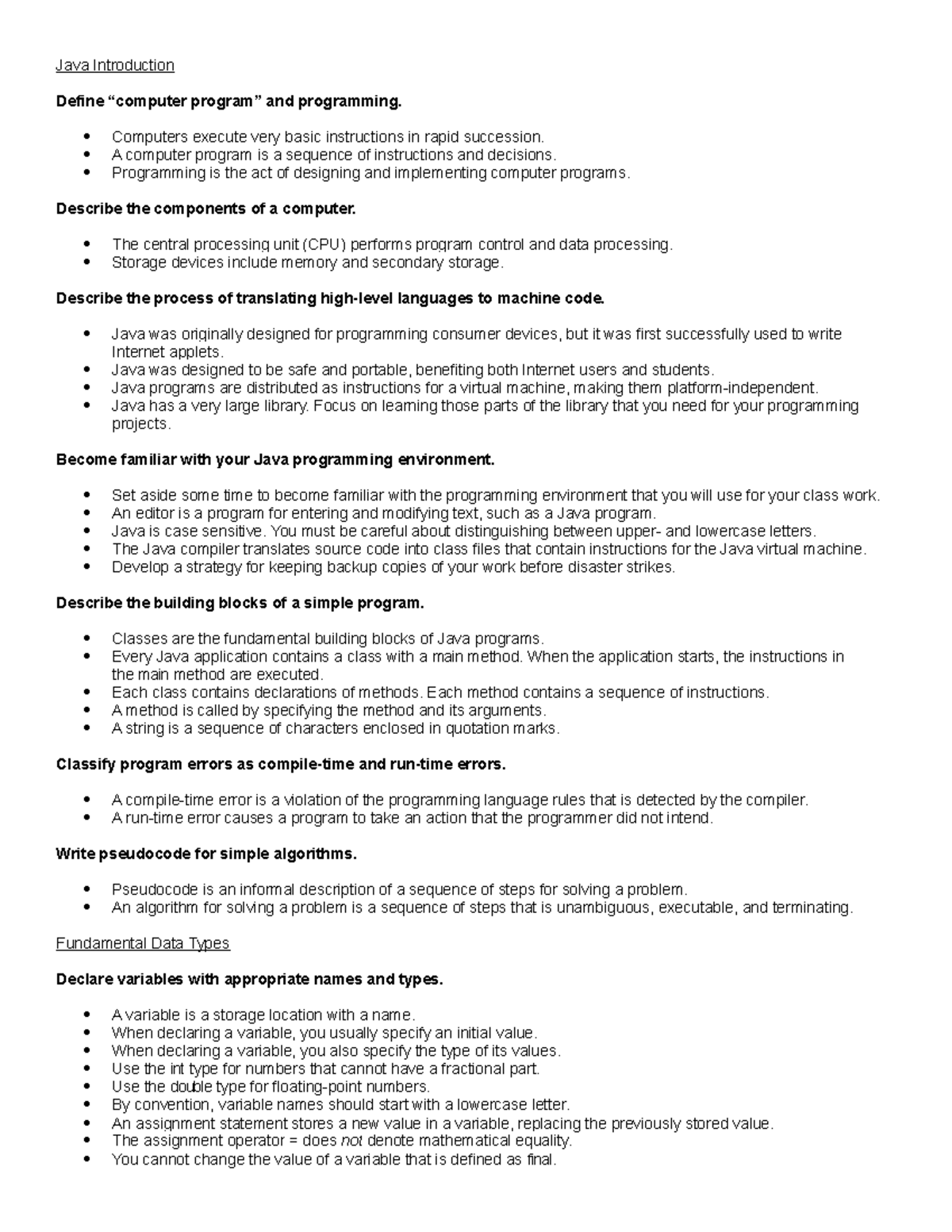 Java Programing - Summary notes - Java Introduction Define “computer ...