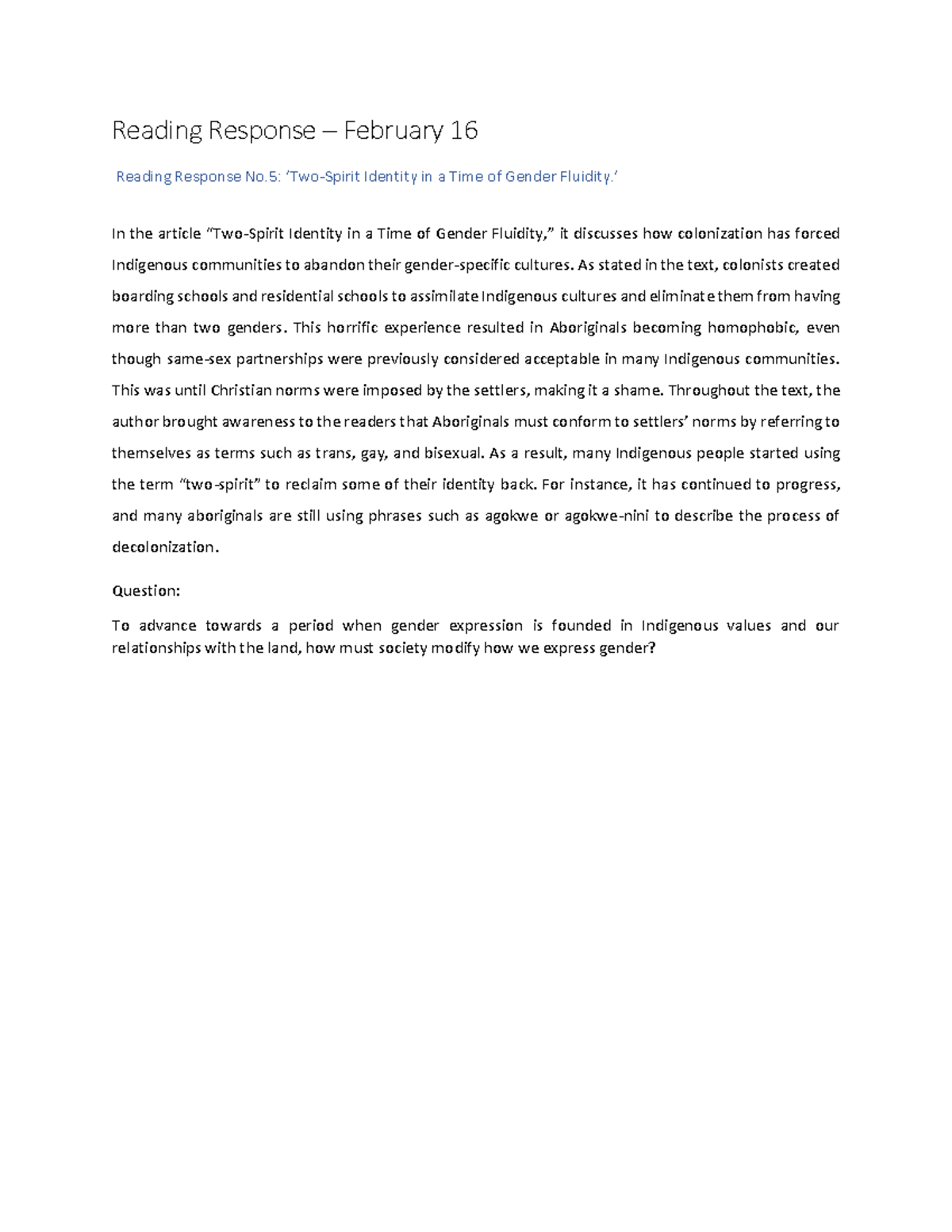 Cultural Studies Mini Reading Response (Feb16) - Reading Response ...