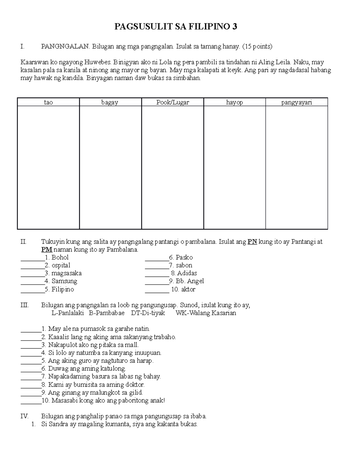 Pagsusulit SA Filipino 3 - PAGSUSULIT SA FILIPINO 3 I. PANGNGALAN ...