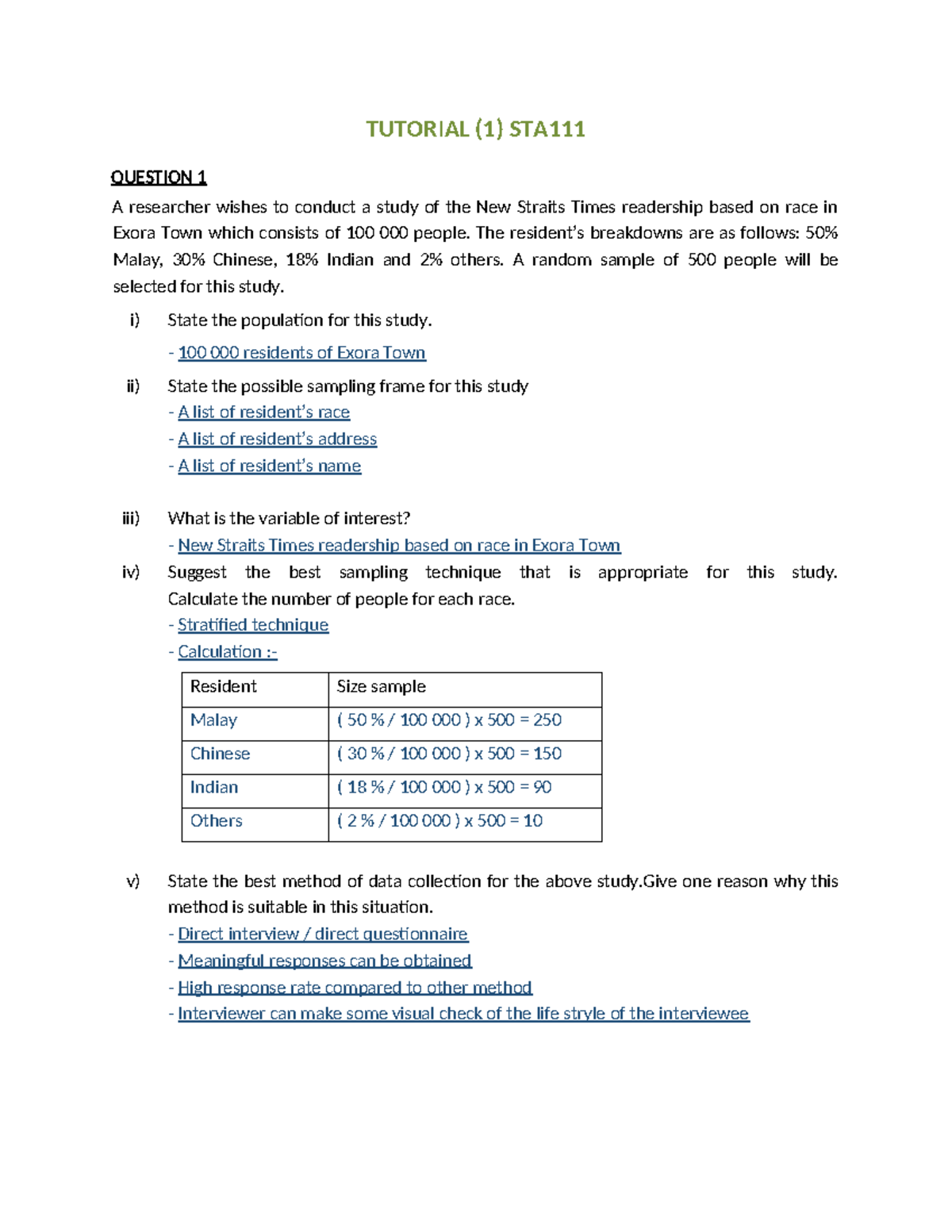 Tutorial 1 STA111 - TUTORIAL (1) STA QUESTION 1 A researcher wishes to conduct a study of the ...
