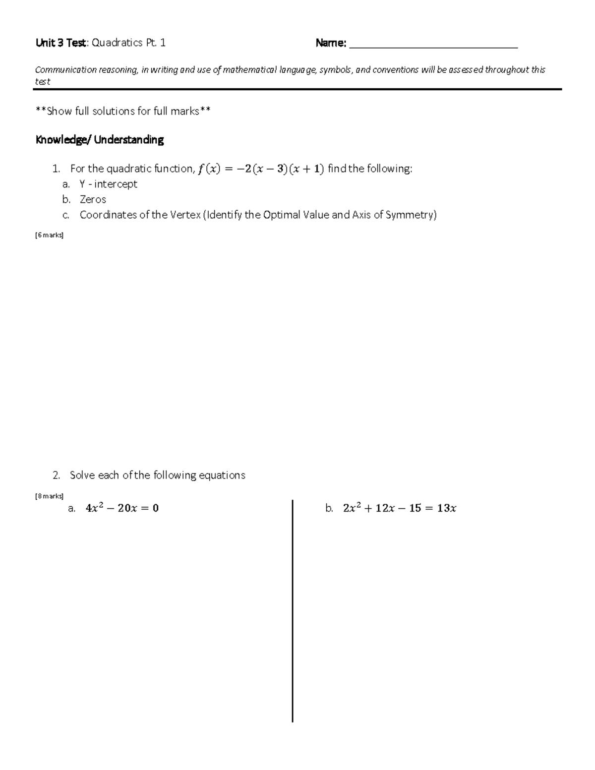 Unit 3 Test - Quadratics Pt. 1 - Mississauga SS - Studocu