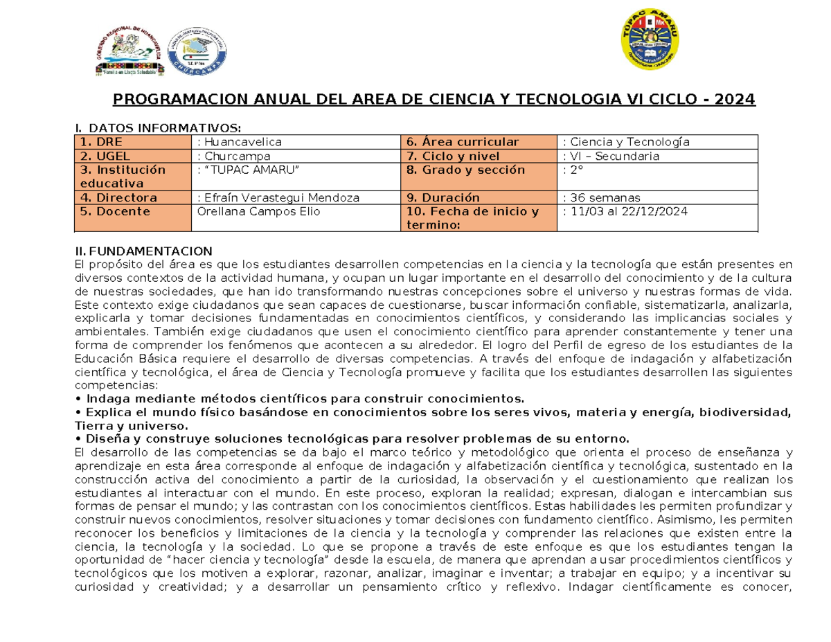 Programacion Anual C y T 2° - PROGRAMACION ANUAL DEL AREA DE CIENCIA Y TECNOLOGIA VI CICLO ...