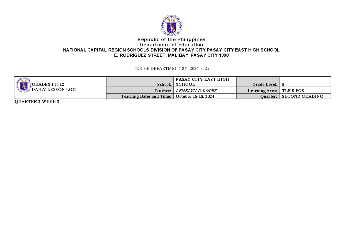 DLL-WEEK 3 -FOS - DAILY LESSON LOG FOR FRON OFFICE SERVICES EXPLORATORY ...
