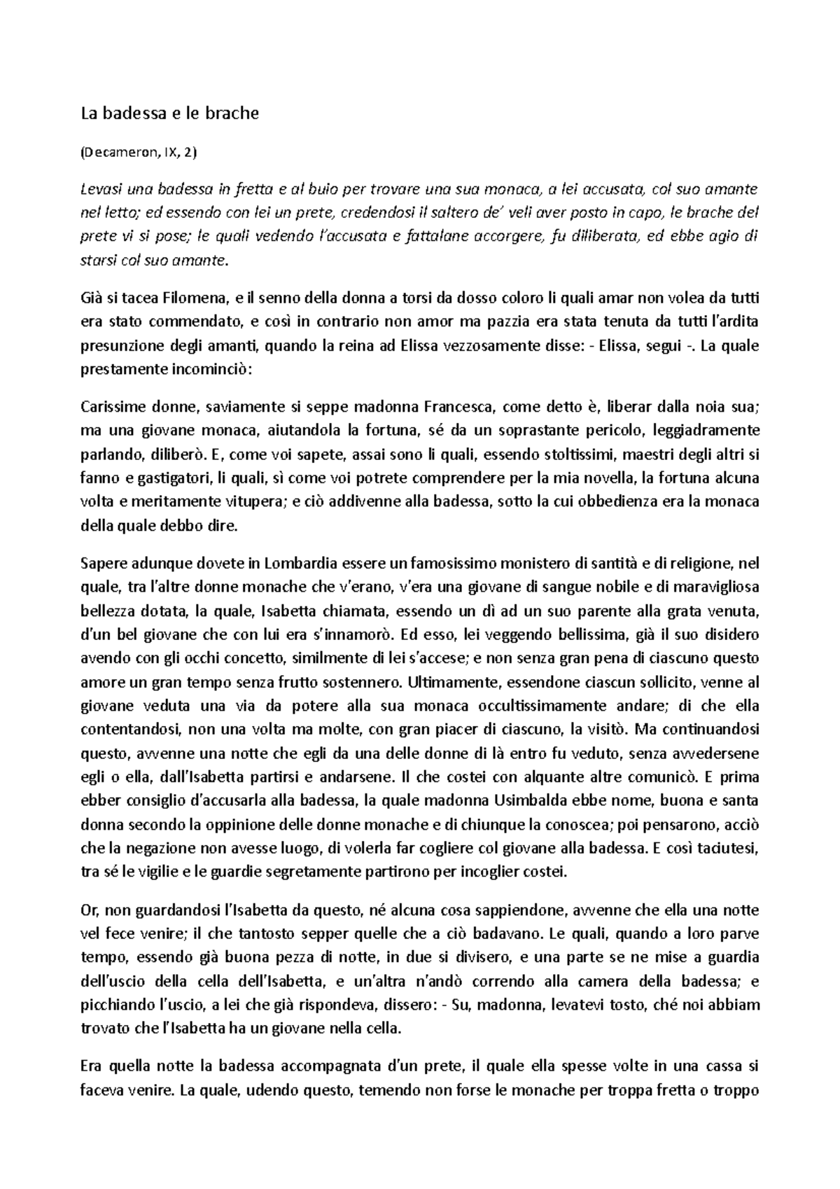 Appunti - Linguistica italiana - La badessa e le brache Bocaccio - La ...