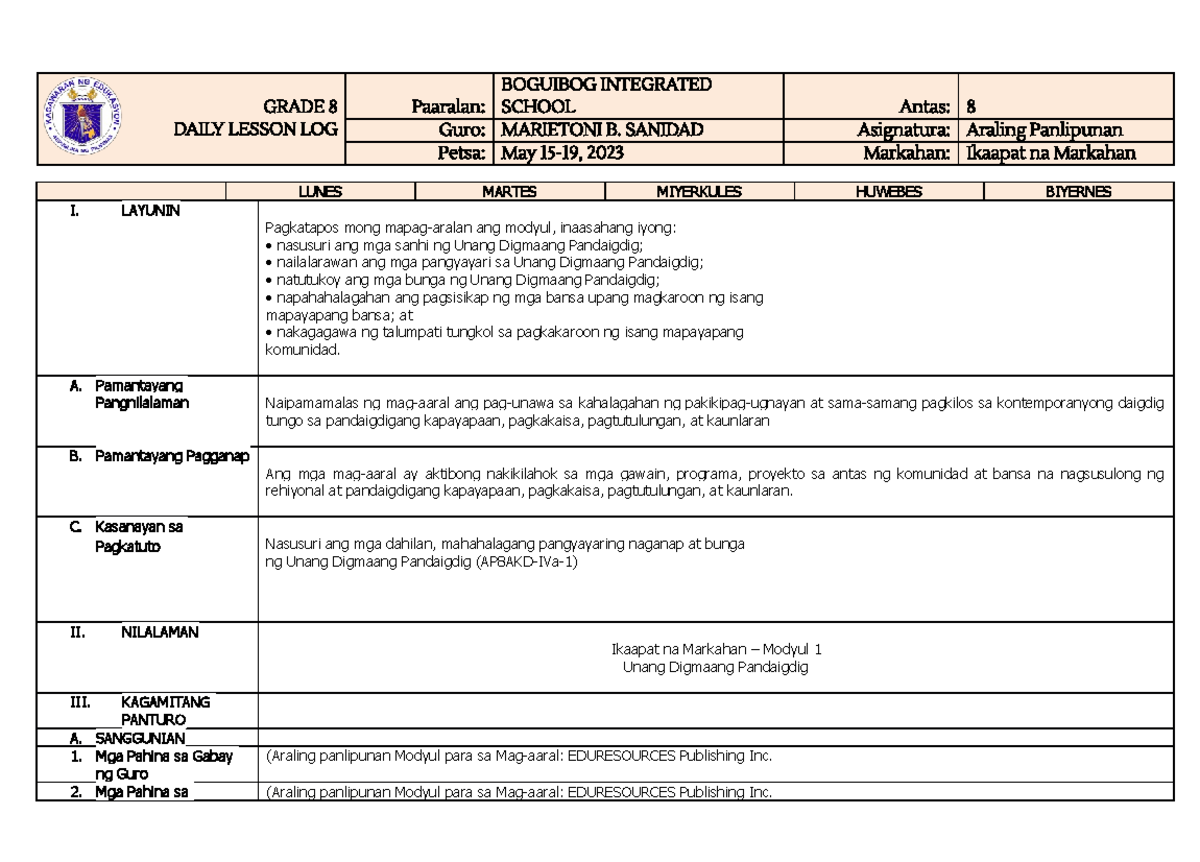 AP 8 May 15-19, 2023 - DLL - GRADE 8 DAILY LESSON LOG Paaralan ...