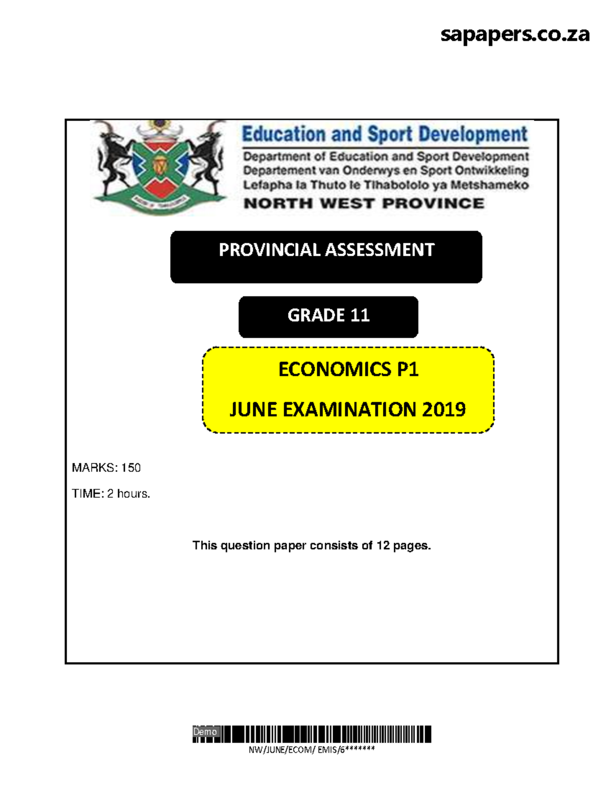 Economics-GR-11-Paper-1 - Demo MARKS: 150 TIME: 2 hours. This question ...