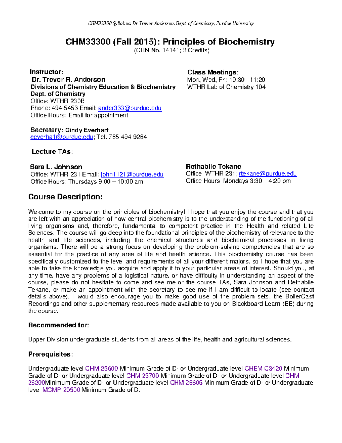 Biochemistry Syllabus - Syllabus: Dr Trevor Anderson, Dept. of ...