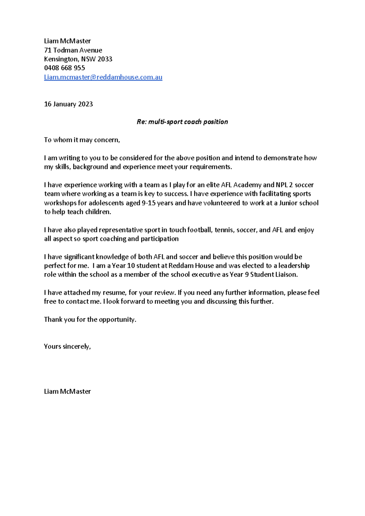 Liam multisport Cover Letter - Liam McMaster 71 Todman Avenue ...