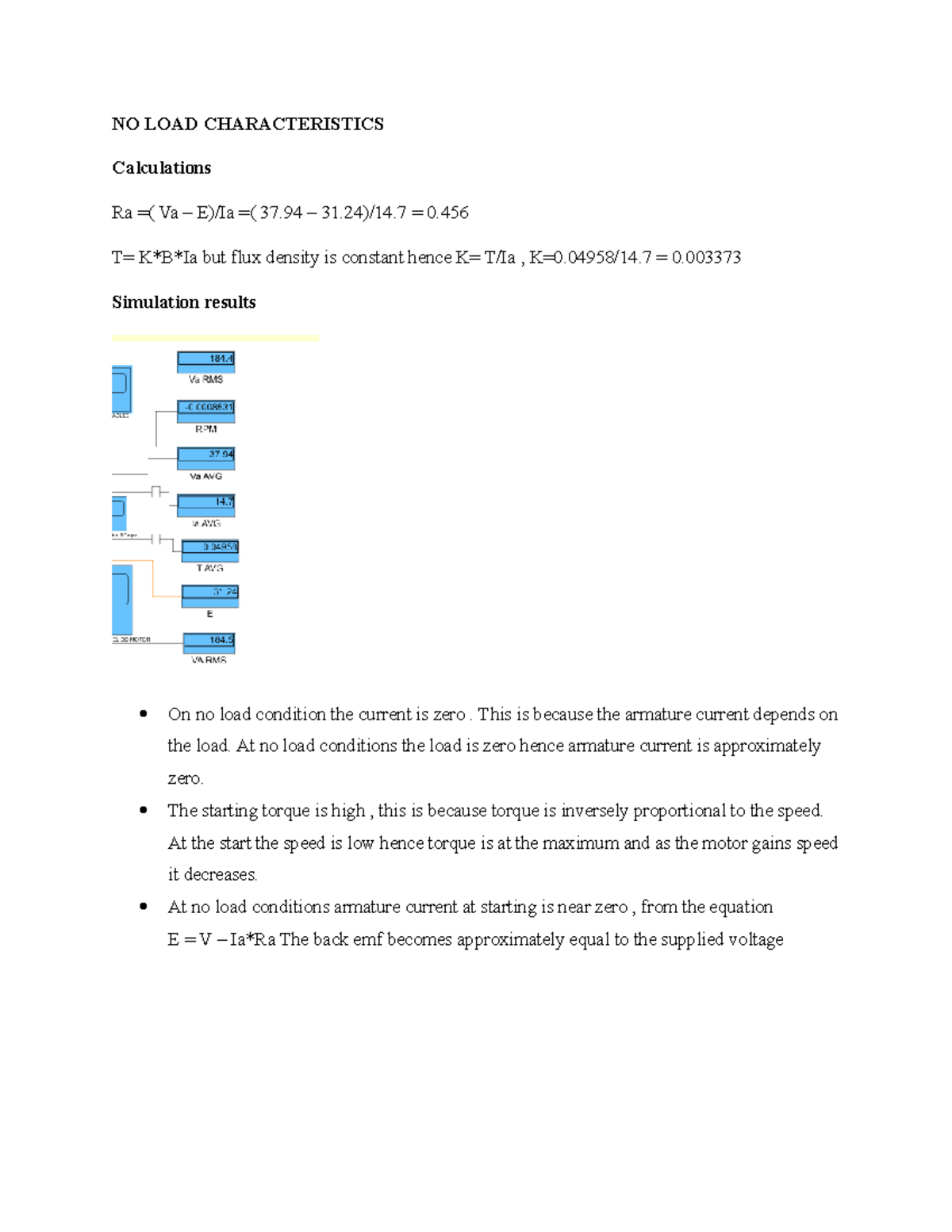 NO LOAD Characteristics - NO LOAD CHARACTERISTICS Calculations Ra =( Va ...