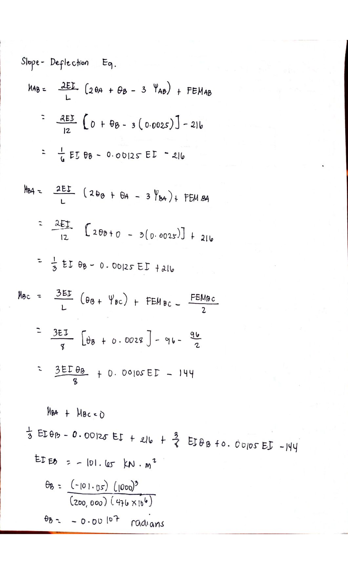 Slope deflection - Structural theory - Deflection Eq. 2EI (20A OB 3 YAB ...