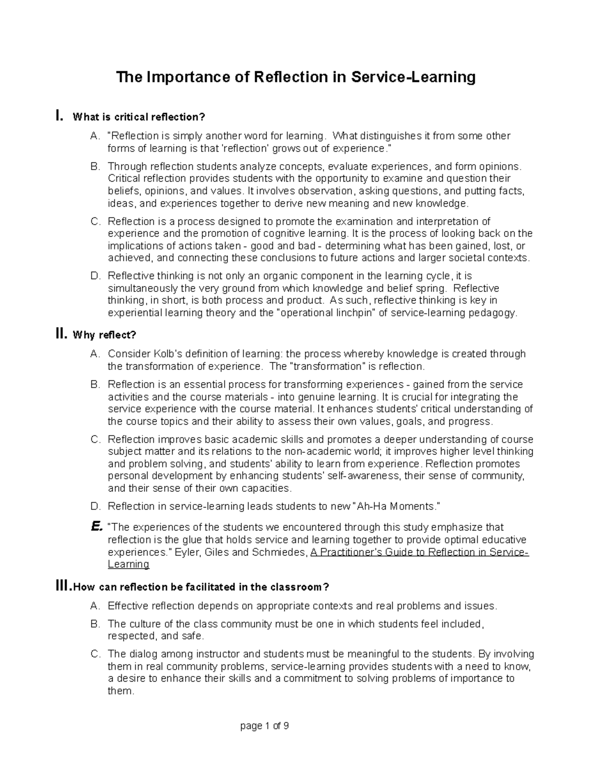 The Importance of Reflection in Service Learning - What is critical ...