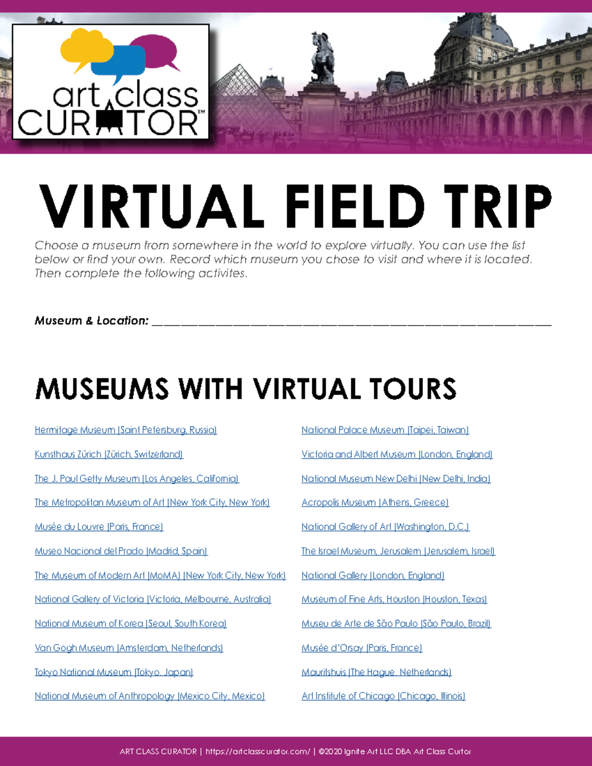 Art Class Curator-Virual Field Trip - VIRTUAL FIELD TRIP Choose a ...