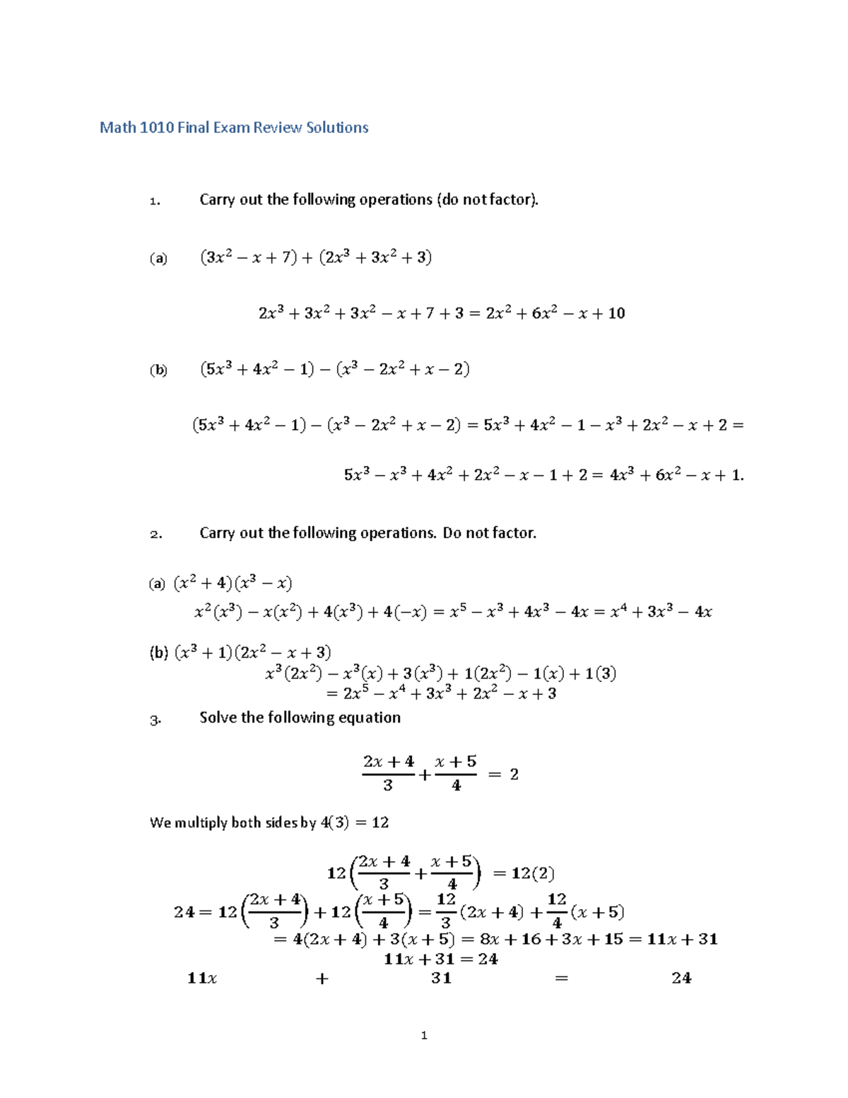 Sg 4 - exam 4 study guide solutions - Math 1010 Final Exam Review Solutions Carry out the ...
