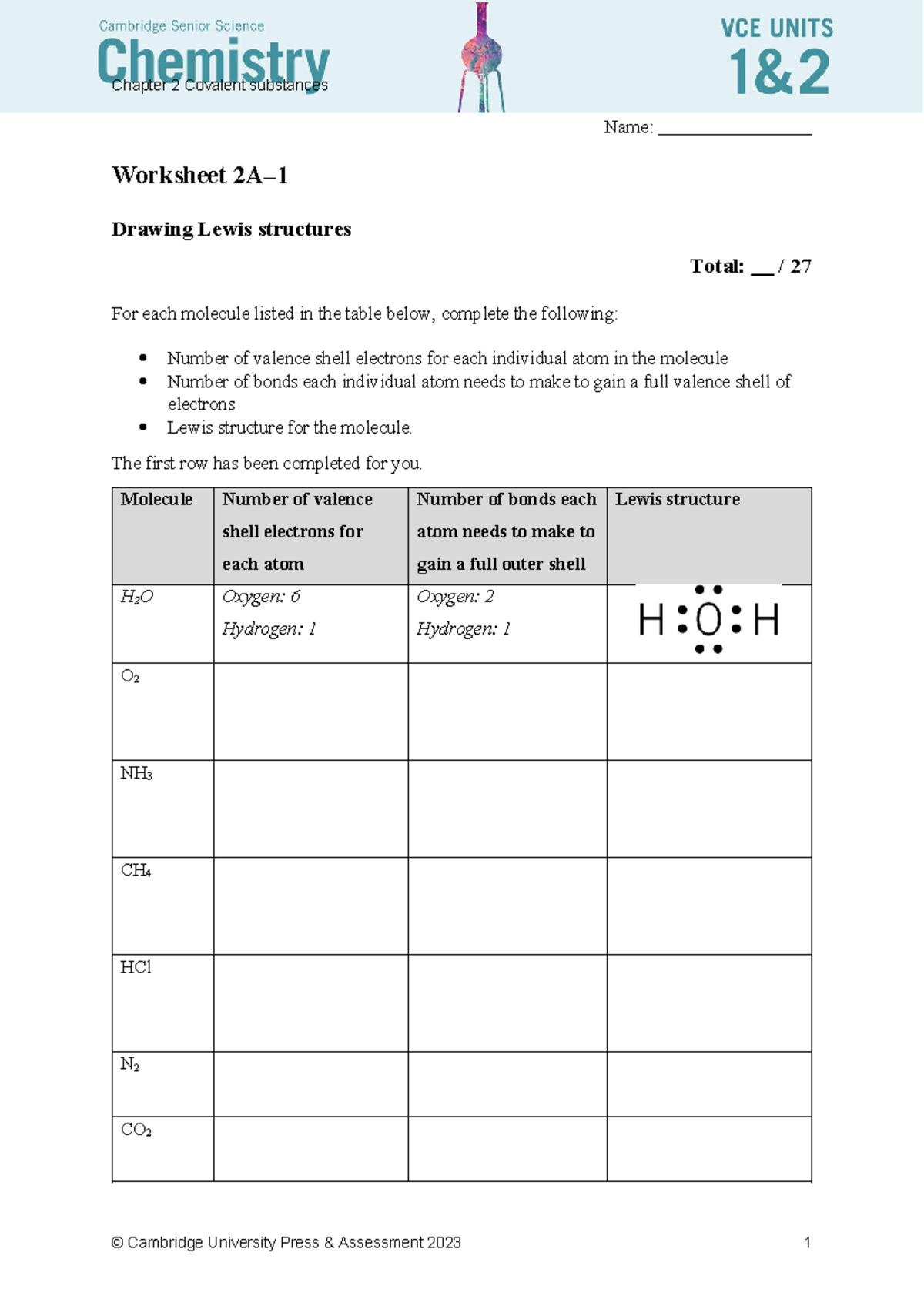 Worksheet 2A 1 Drawing Lewis structures - Chapter 2 Covalent substances ...