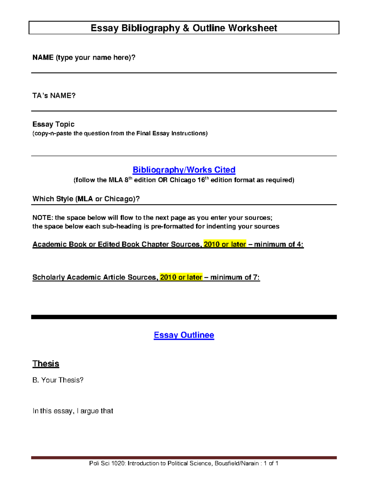 1020 22 23 Essay Bibliography Outline Worksheet PDF - Essay ...