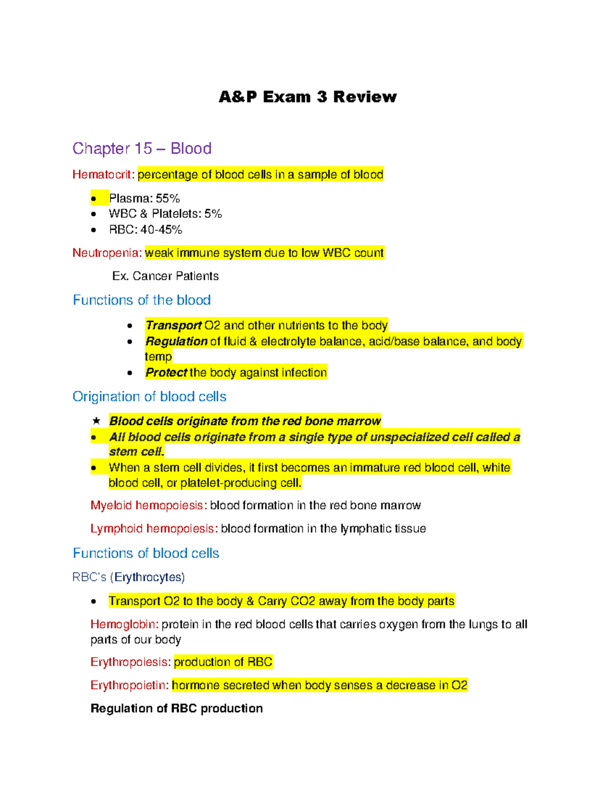 AP Exam 3 Review - A&P Exam 3 Review Chapter 15 – Blood Hematocrit ...